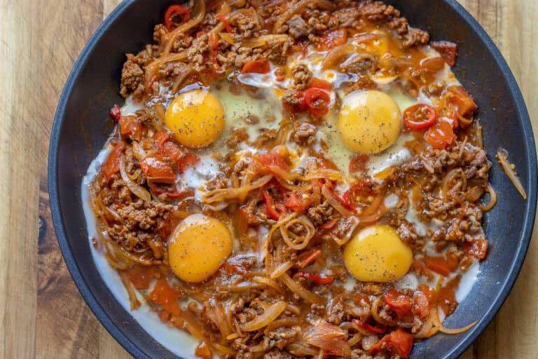 Kiymali Yumurta - Turkish Ground Beef and Eggs - Cooking Gorgeous